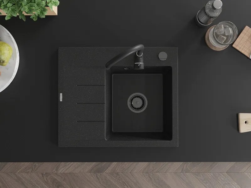 Mexen Ben, 1-komorový granitový dřez 600x500x190 mm, pravý + černý sifon, černá-stříbrná metalíza, 6523605000-73-B