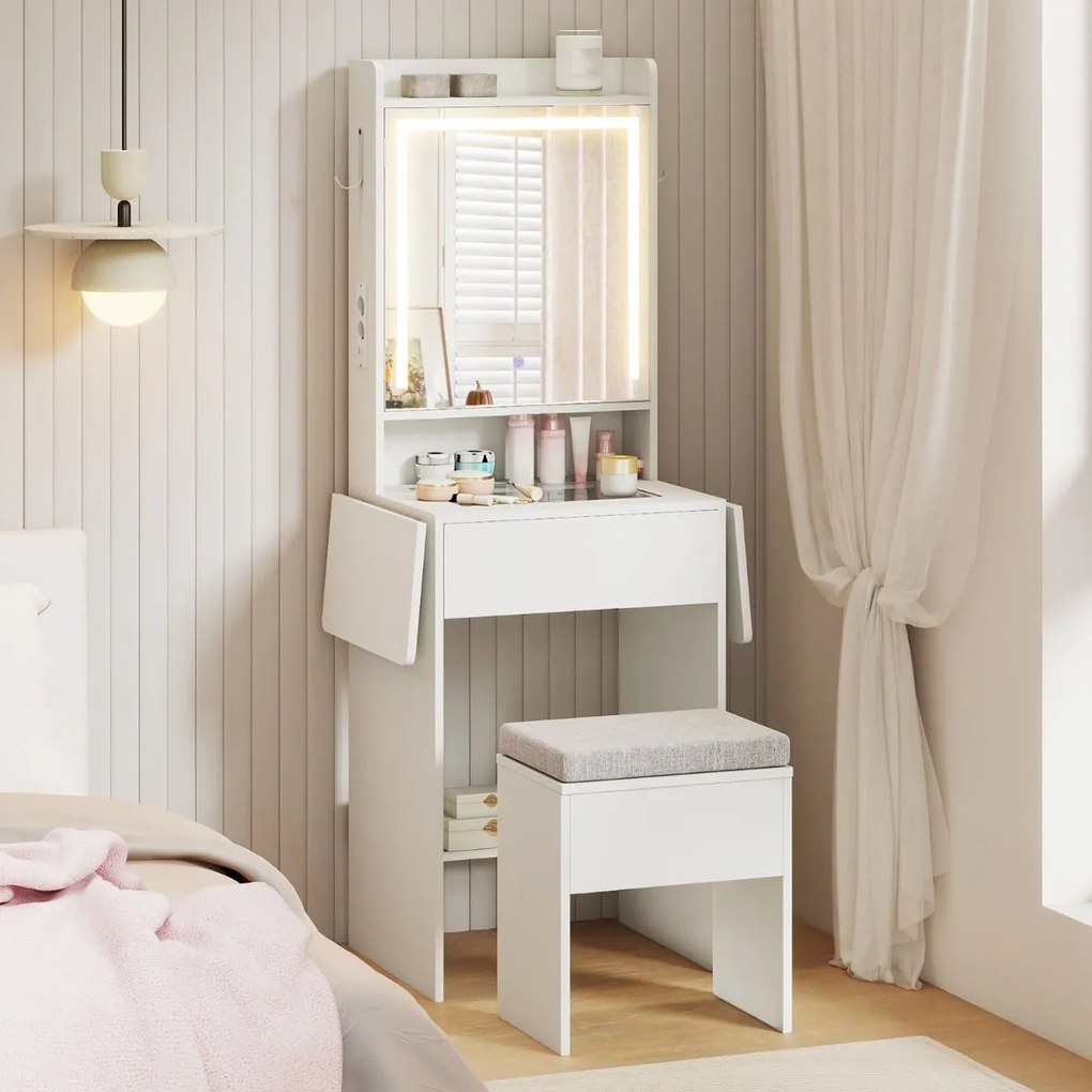 Costway Toaletní stolek s 3 barevné LED zrcadlo a taburet a zásuvky set úzký
