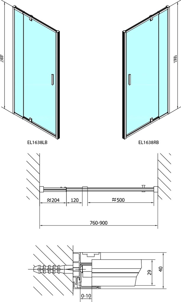 Polysan Polysan, EASY BLACK otočné sprchové dveře 760-900mm, sklo Brick, EL1638B