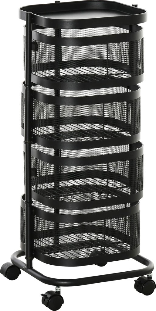 HOMCOM Servírovací vozík se 4 drátěnými koši, horní policí a otočnými kolečky, ocel a PP plast, 33x33x77cm, černý | Aosom