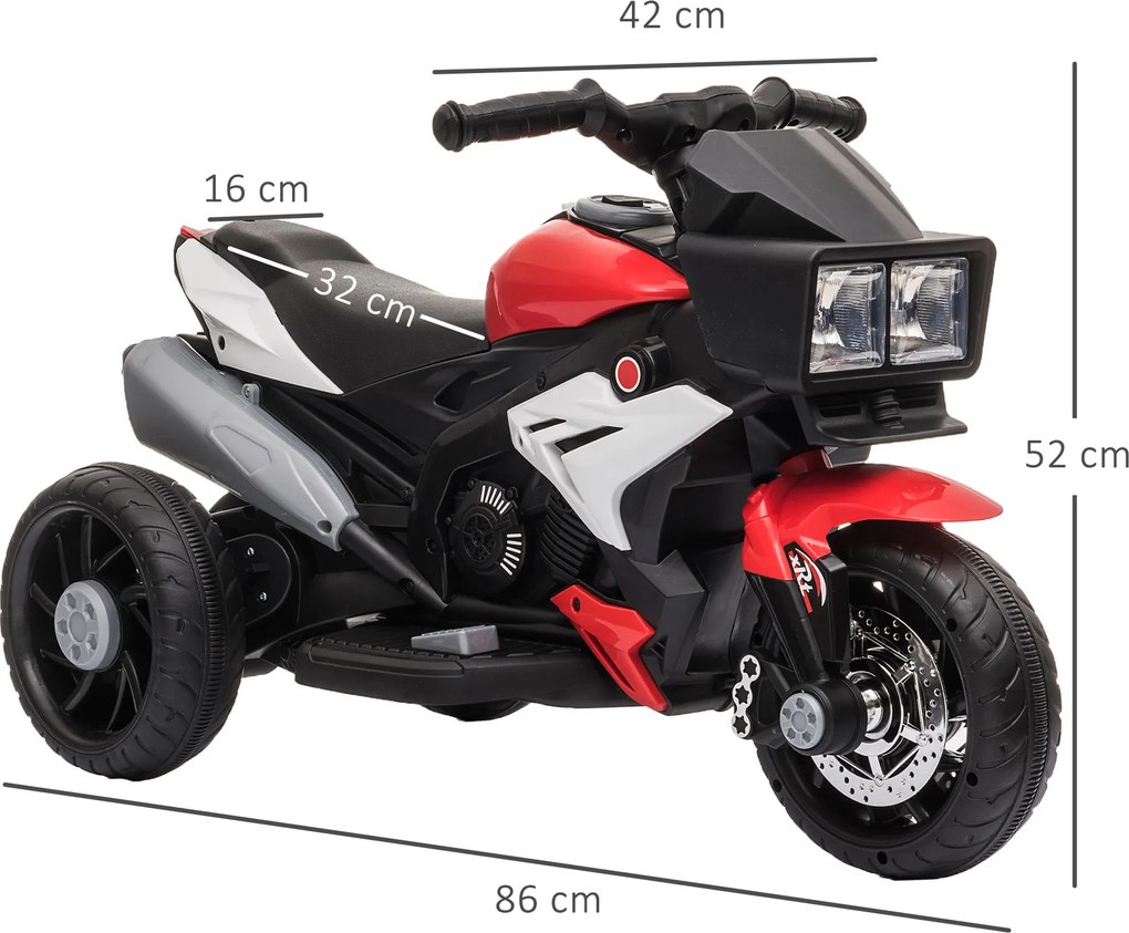 HOMCOM Elektrická Motorka pro Děti od 3 Let 6V Na Baterie s Osvětlením, Hudbou, Klaksonem a Širokými Koly, Rychlost 3 km/h, Červená a Černá