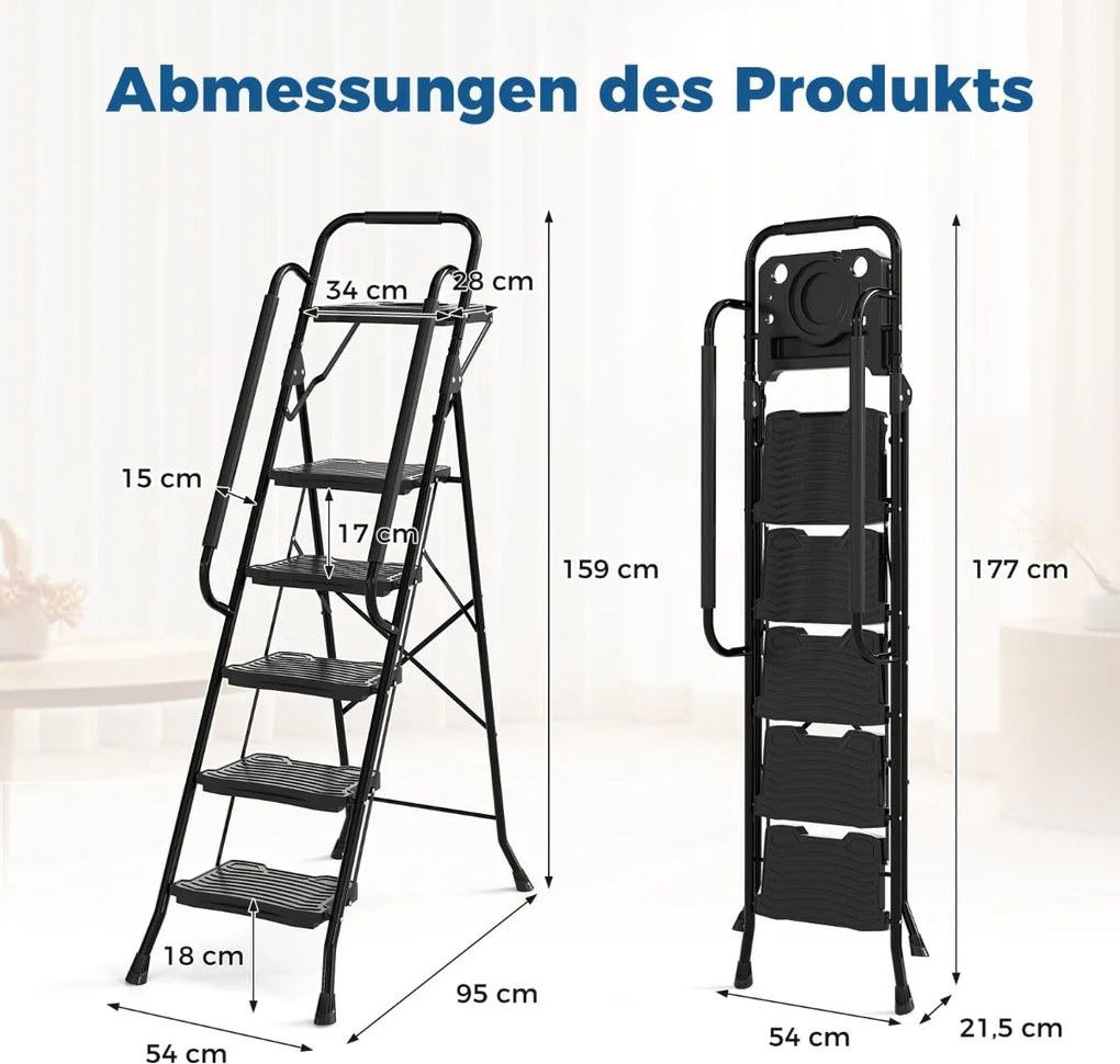 Costway 5 Žebřík s přihrádkou na nářadí. Skládací žebřík pojme až 150 kg.