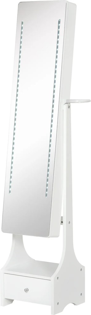 HOMCOM LED šperkovnice 2 v 1, šperkový regál se zrcadlovou skříňkou a zásuvkou, MDF, bílá, 37 x 30 x 158 cm