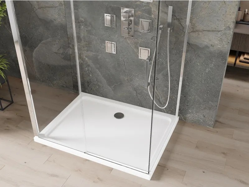 Mexen Omega, 3-stěnový sprchový kout s posuvnými dveřmi 140 (dveře) x 80 (stěna) x 190 cm, 8mm čiré sklo, chromový profil + bílá sprchová vanička SLIM, 825-140-080-01-00-3S-4010