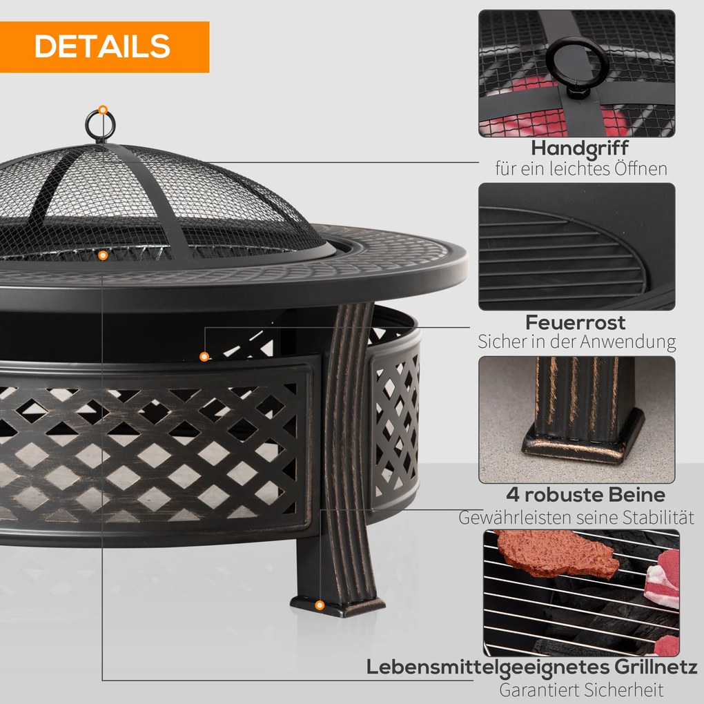 Outsunny miska na oheň pohrabáč ochrana proti jiskrám ohnivý koš ohnivý stůl kulatý ohniště zahrada kempování BBQ ocel černá 81x81x50cm