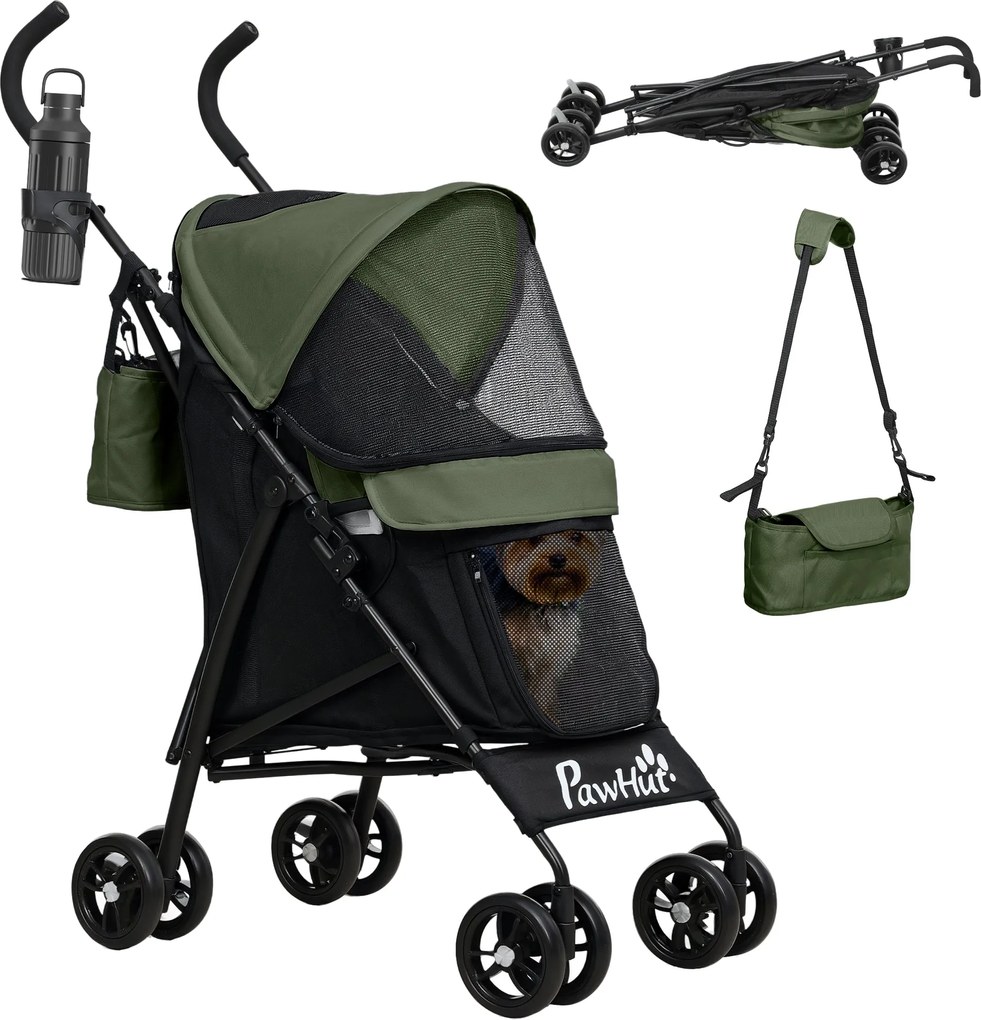 PawHut Kočárek pro psy Skládací Buggy pro psy a kočky s síťovanými okny, ramenním popruhem, úložným vakem a držákem na hrnky Tmavě zelený | Aosom
