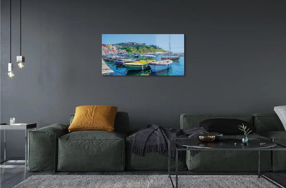 Obraz na skle Hory mořské lodě 140x70 cm