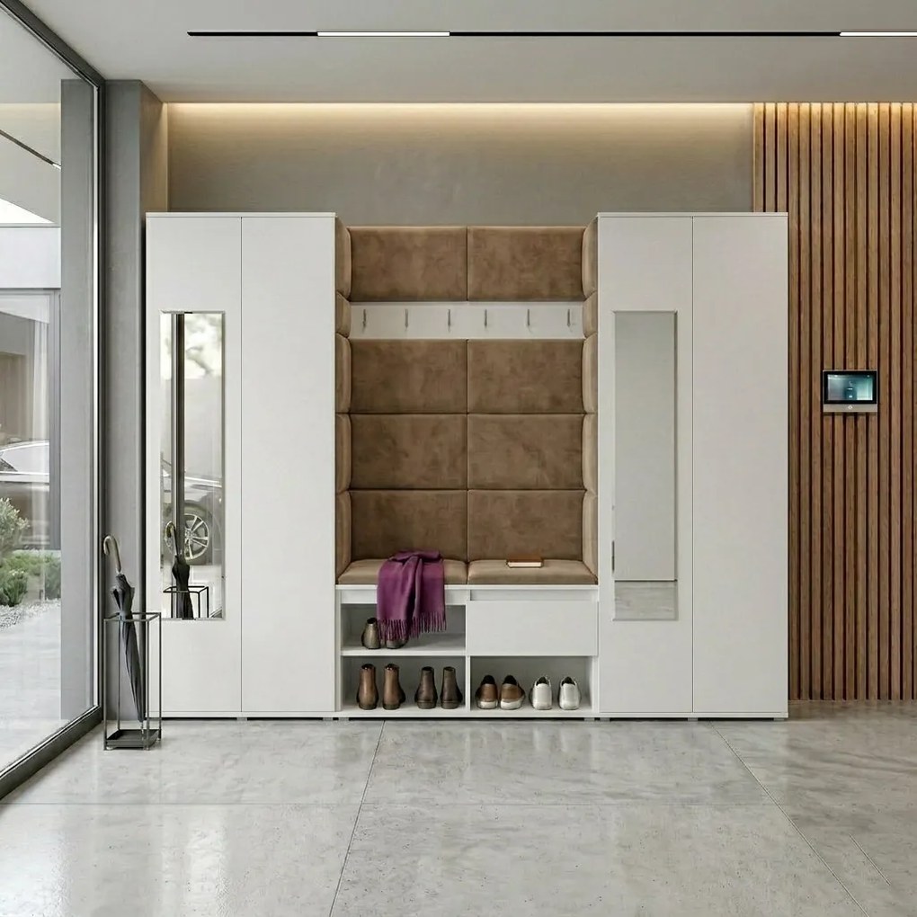 Předsíňová stěna Trinity 10 s čalouněnými panely, 280 cm, bílá / světle béžová