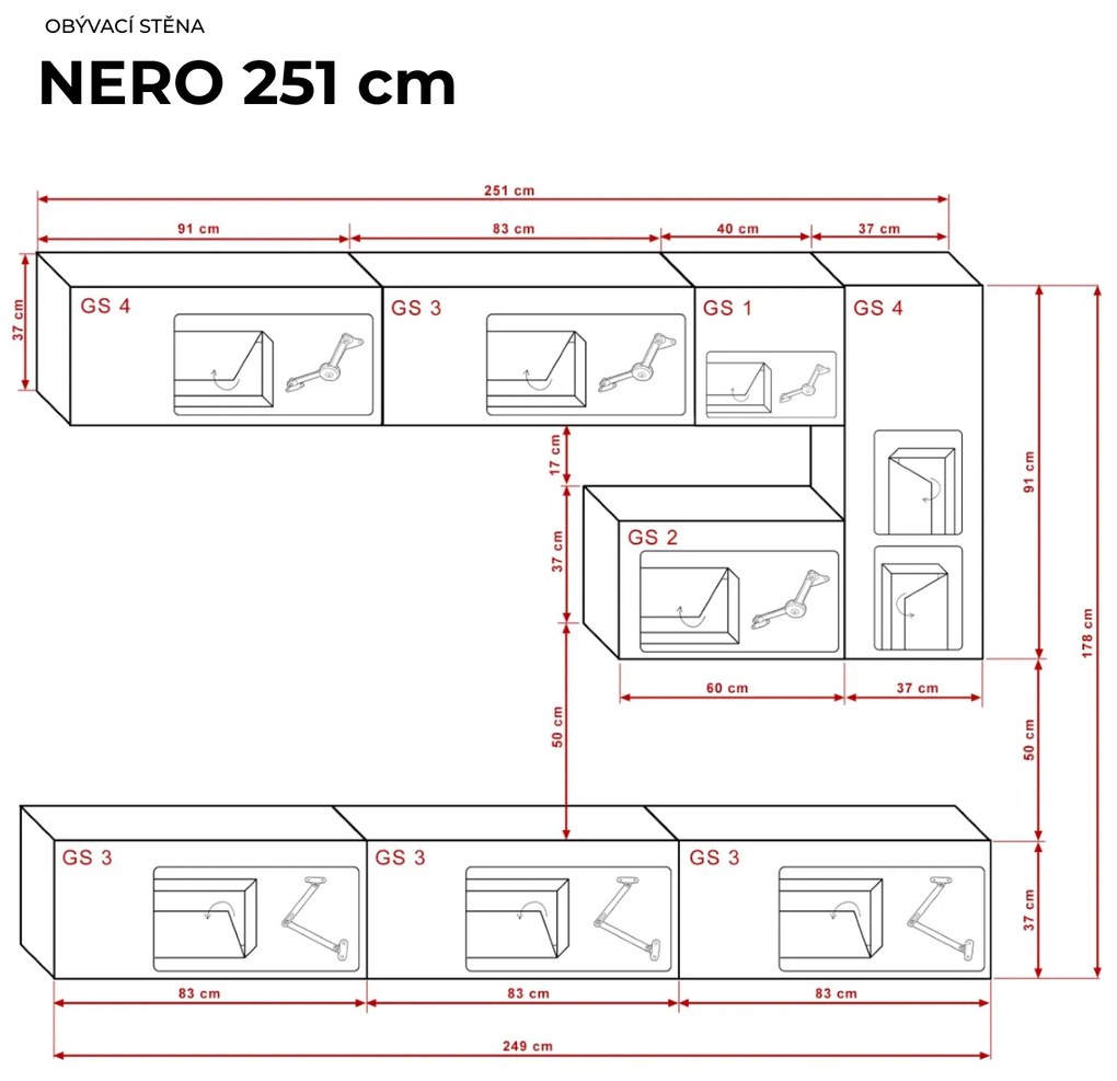 Ral Obývací stěna NERO 2, 251 cm - Bílý lesk