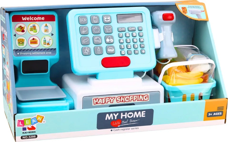 LEAN Toys Interaktivní pokladna v obchodě, skener, nákupní košík, potraviny, světla, zvuky