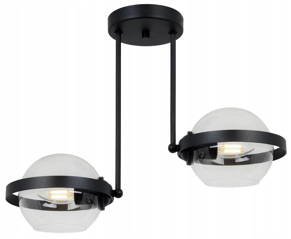 Light for home - Moderní lustr na tyči s dvěma skleněnými stínidly RING 2340/2/B, 2x60W, E27, Černá