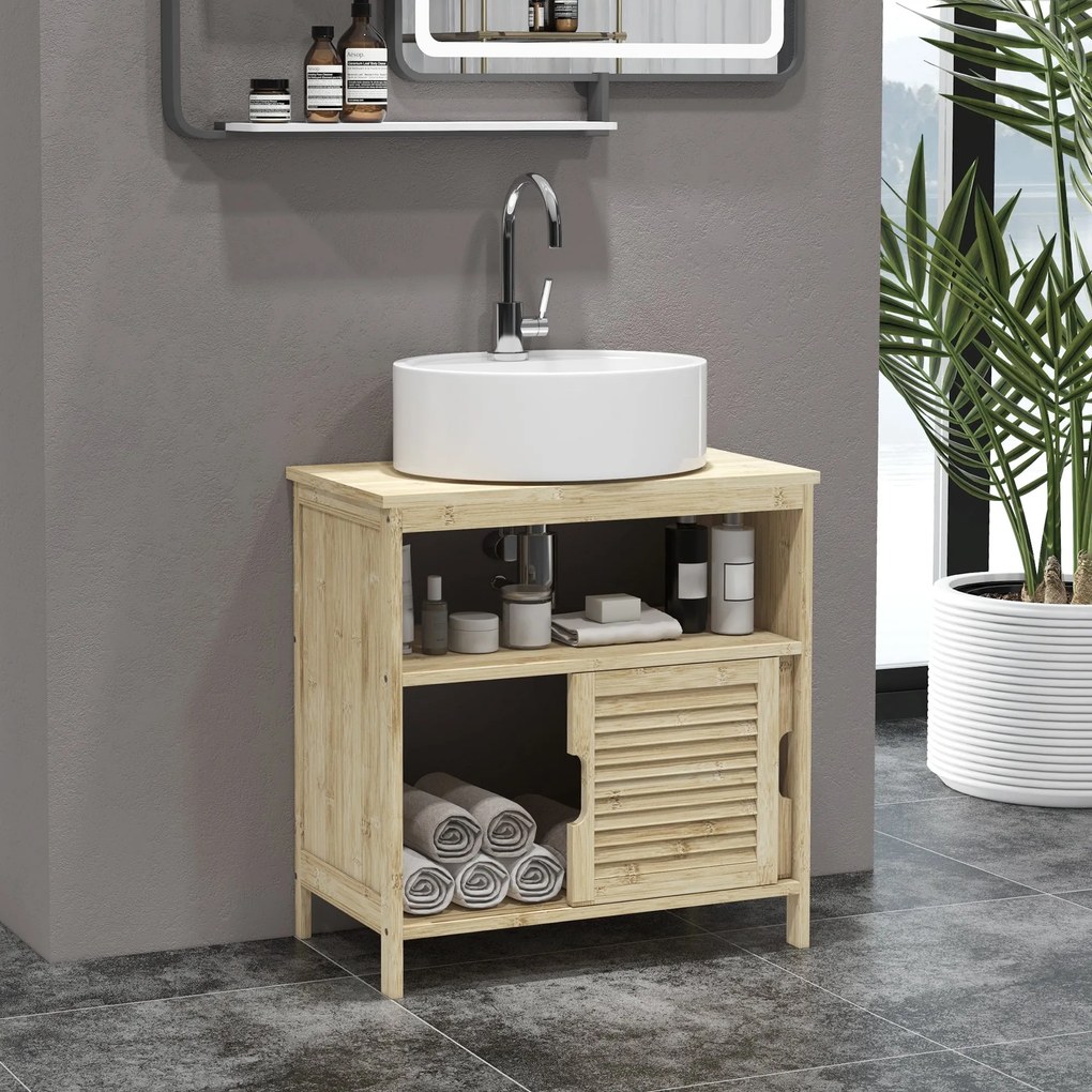 HOMCOM Bambusový skříňka pod umyvadlo, Koupelnová skříňka s 2 posuvnými dveřmi, 60 x 30 x 60 cm, Přírodní dřevo