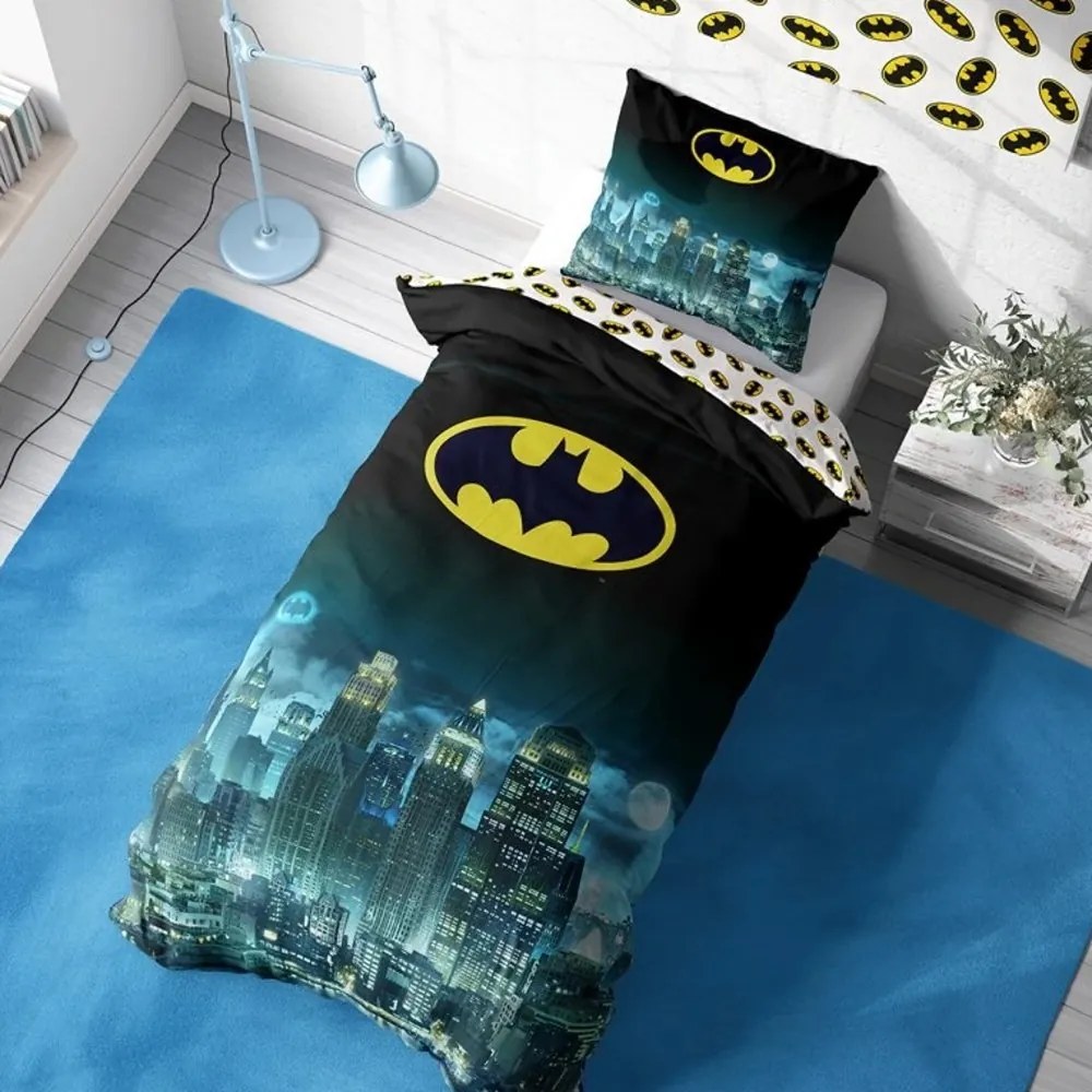 Bavlněné ložní povlečení Batman - motiv Noční Gotham - 100% bavlna - 70x90 cm + 140x200 cm