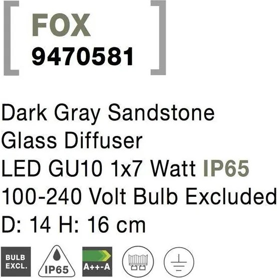 NV 9470581 Venkovní sloupkové svítidlo FOX tmavě šedý pískovec skleněný difuzor GU10 1x7W 100-240V bez žárovky IP65 - NOVA LUCE