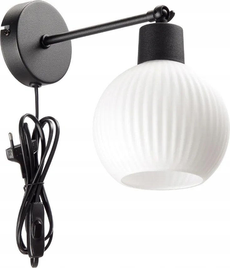 Nástěnná Lampa Skleněná Koule Pruhy E27 Bílá Zástrčka