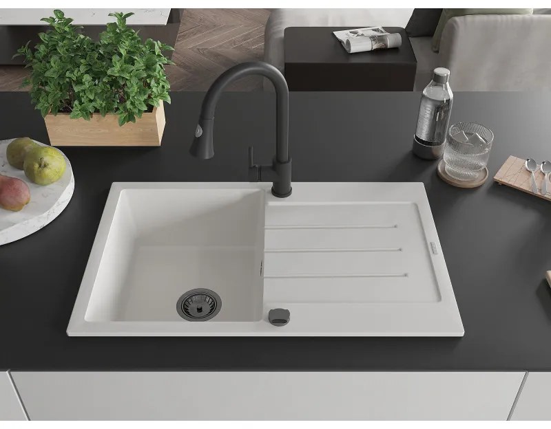Mexen Bruno, 1-komorový granitový dřez 795x495x200 mm a dřezová baterie Elia, bílá, 6513-20-670101-70