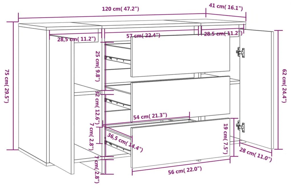 Příborník Bihl se 3 zásuvkami - 120x41x75 cm | betonově šedý