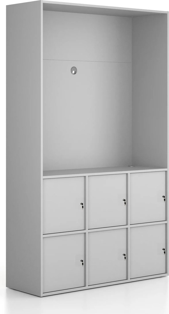 Kancelářská skříň FRAME, 6x dveře, prostor pro TV, 1299 x 450 x 2162 mm, cylindrický zámek, šedá