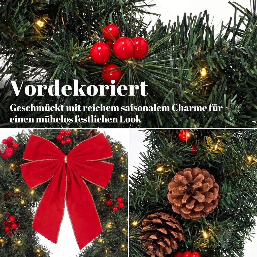 HOMCOM Vánoční věnec 60 cm, věnec na dveře s designem Crestwood borovice, mašle, 50 LED, 140 špiček větviček, 8 světelných režimů