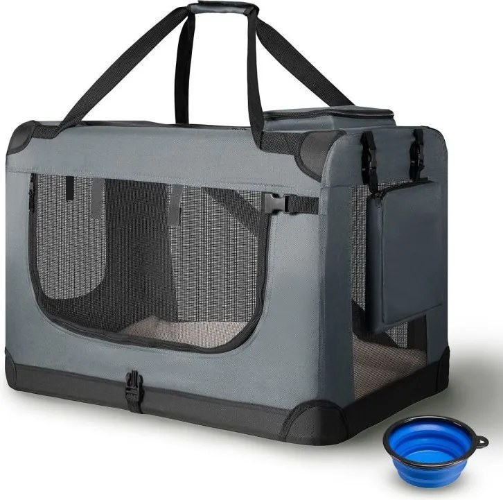 Skládací přepravní box pro psy, šedý, s pelíškem, velikost S