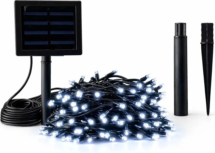 LED venkovní solární světýlka na zahradu, 20 m, ledově bílá, 200 diod, černý kabel, IP44, solární panel