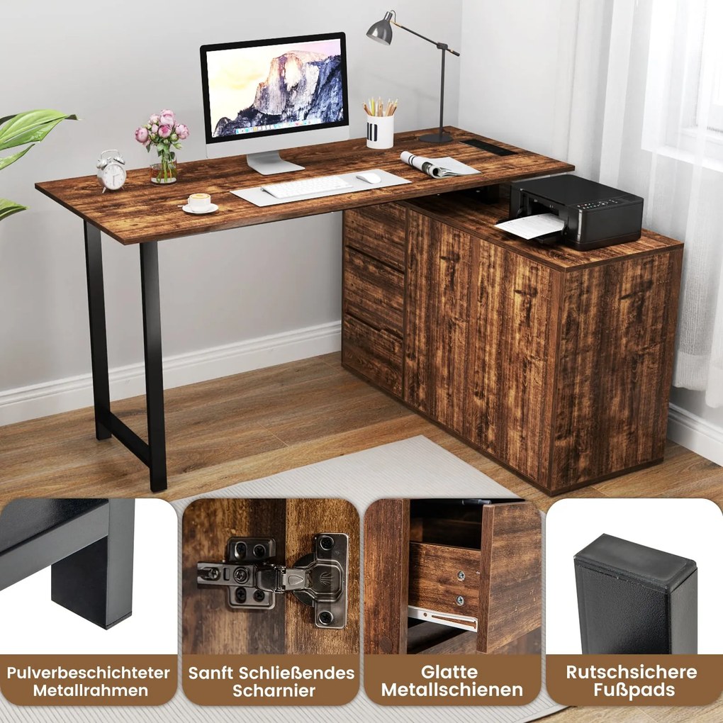 Costway Stůl ve tvaru L s kartotékou a zásuvkou 138 cm Oboustranný rohový