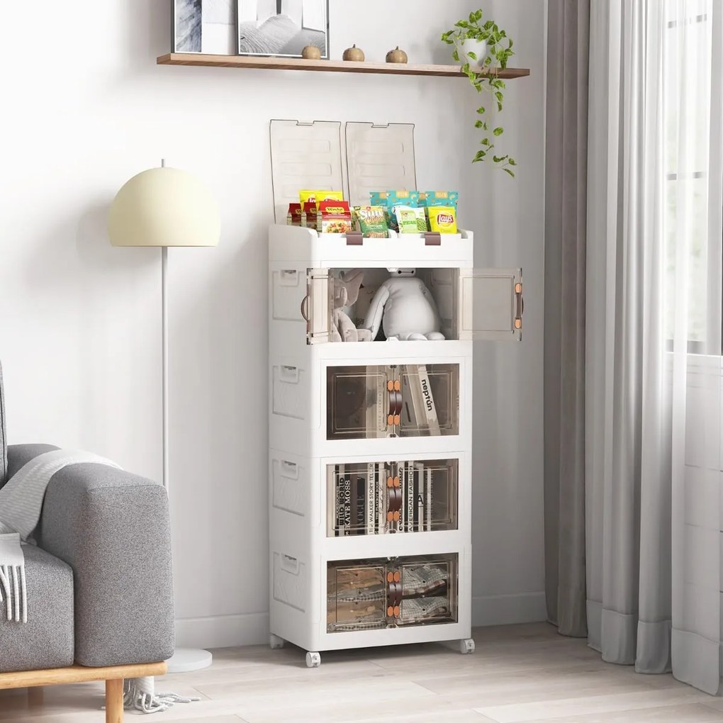 Costway Balení 4 stohovacích boxů s víkem, kolečky a dvířky Skládací úložný box