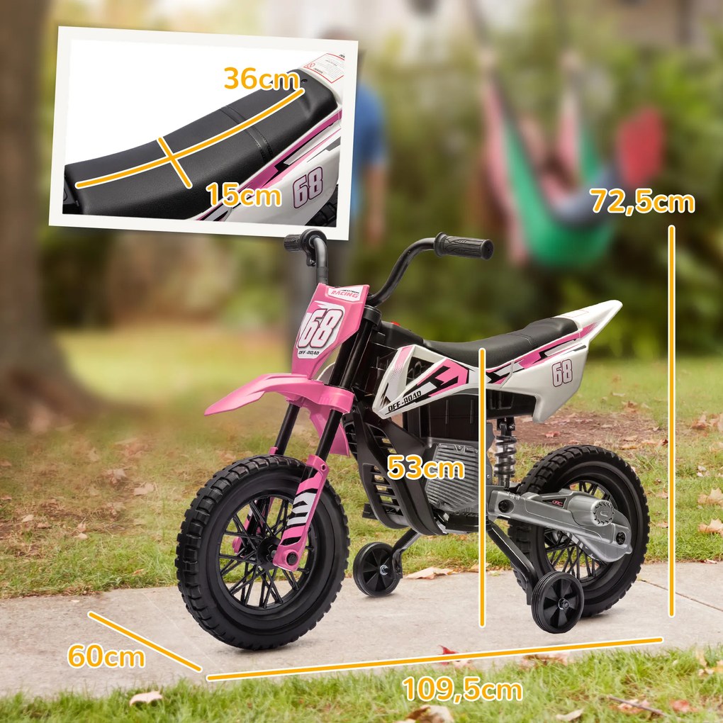 AIYAPLAY elektrická motorka pro děti, motokros pro děti 3 až 6 let, 2 motory, 12V, rychlost 5 km/h, 109,5x60x72,5 cm, růžová