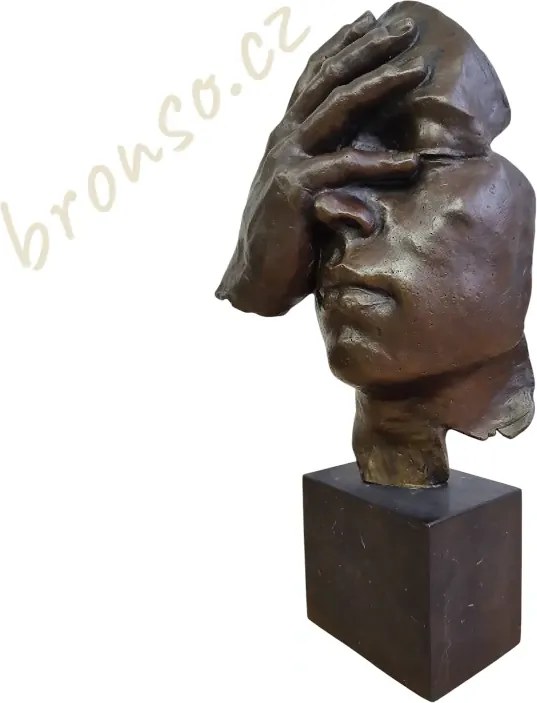 Tvář - Salvador Dalí - bronzová socha   (Abstraktní bronzová hlava s rukou – moderní umělecká socha na mramorovém podstavci)