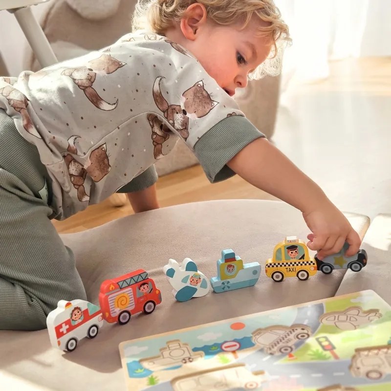 Tooky Toy Dřevěné Montessori puzzle - Auta, Letadlo, Loď
