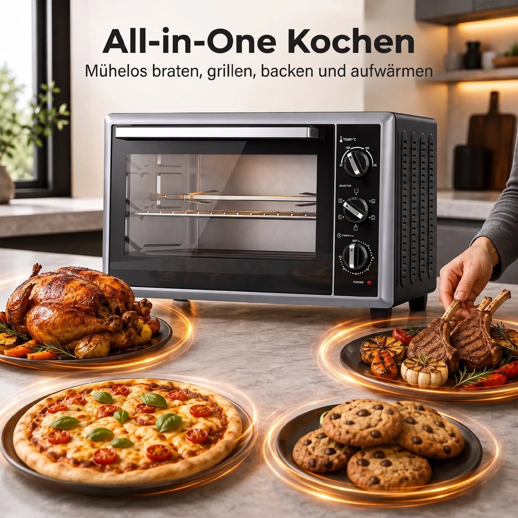 HOMCOM 46 L mini trouba s otočným špízem, ventilátorem, regulací teploty a časovačem, 1800 W, černá