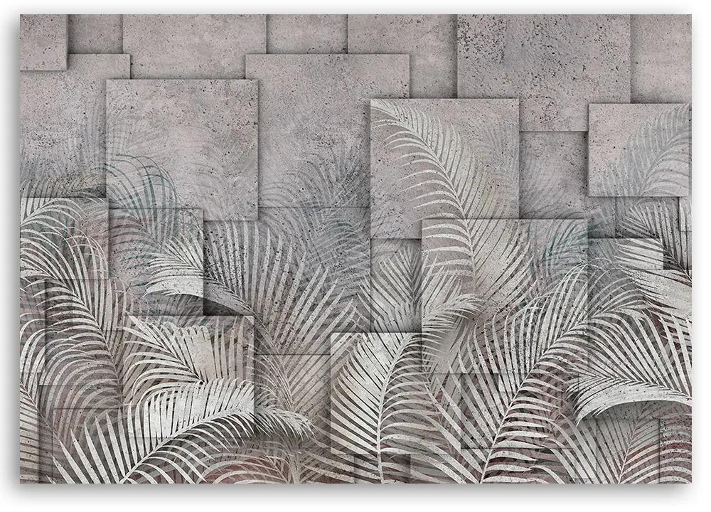 Obraz na plátně, 3D listy proti pozadí napodobující beton - 100x70 cm