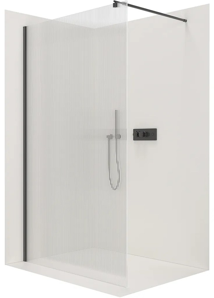 CERANO - Sprchová zástěna Walk-in Onyx L/P - kulatá vzpěra - černá matná, rýhované sklo - 130x200 cm, CER-CER-8050BD307