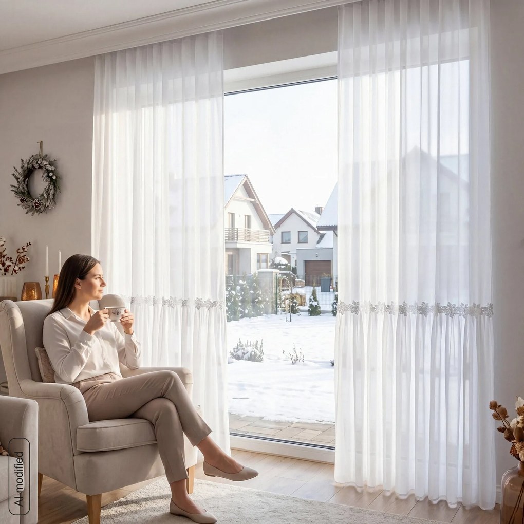 VÁNOČNÍ ZÁCLONA NA KROUŽCÍCH FLAKE 140X250 CM BÍLÁ