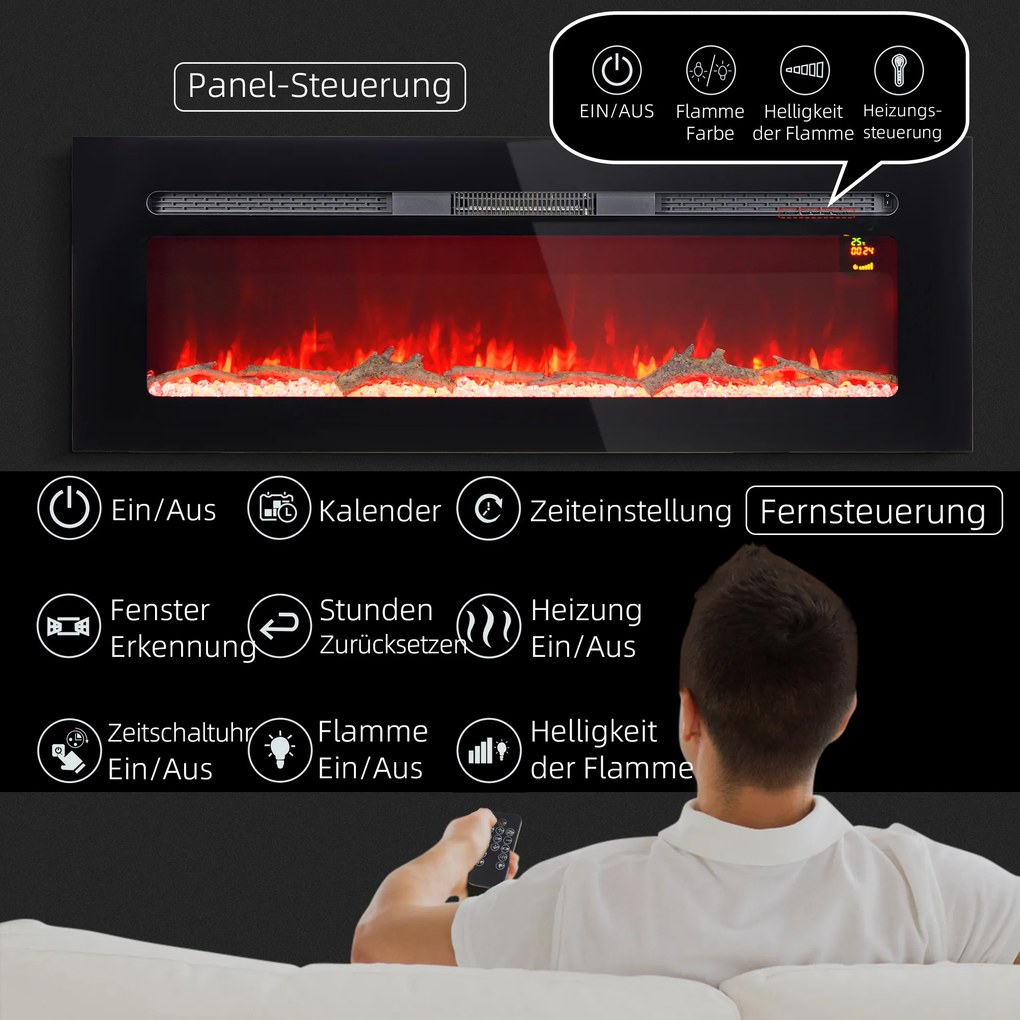 HOMCOM Elektrický krb s nástěnným držákem a dálkovým ovládáním, umělé polena a krystaly, výkon 1800W, černá 820-422V92BK