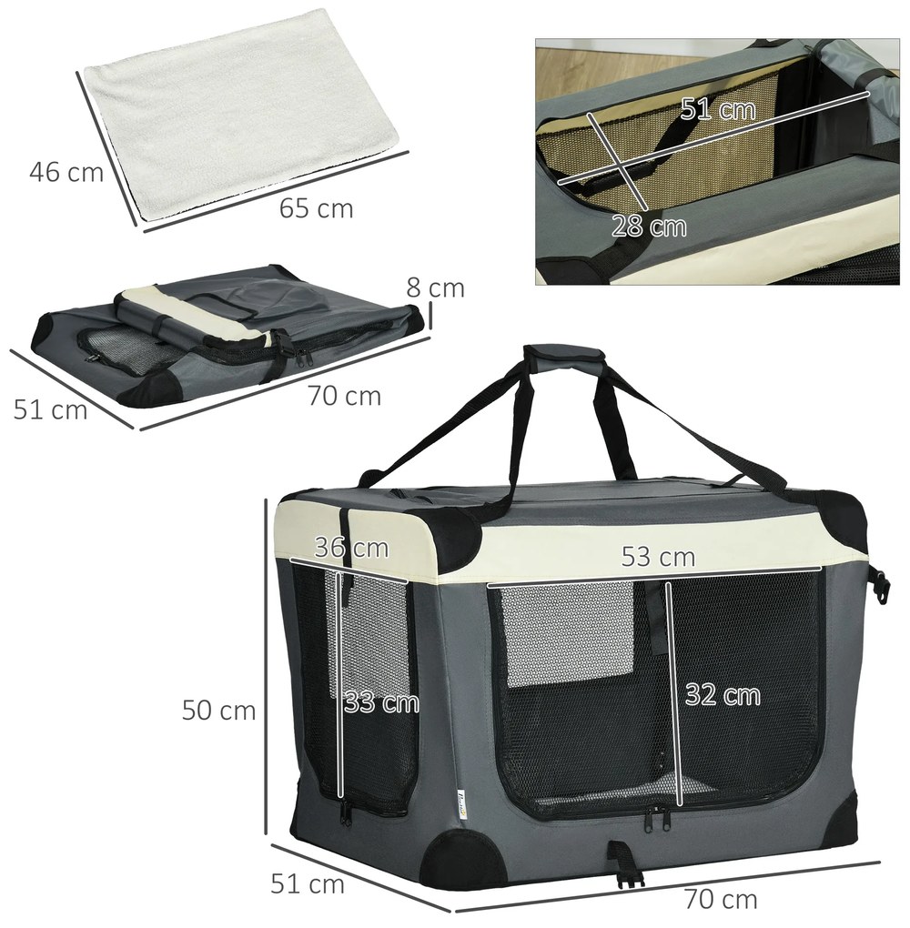 PawHut přepravní taška pro psy skládací přepravka s polštářem pro malé psy venkovní oxfordská tkanina šedá černá 70x51x50cm | Aosom.de