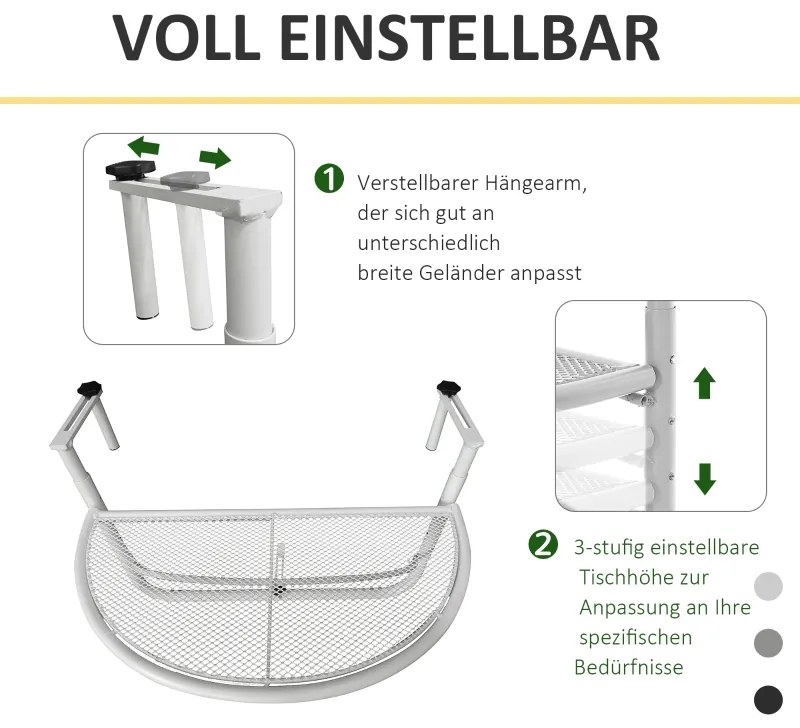 Outsunny Balkonový závěsný stolek půlkruhový, výškově nastavitelný, Ø30 cm, bílý, 60 x 45 x 50 cm 84B-295WT