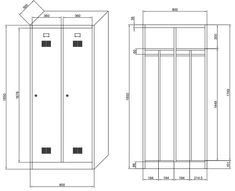 Kovová šatní skříňka S1 s mezistěnou, 2 oddíly, 1850 x 800 x 500 mm, cylindrický zámek, zelené dveře