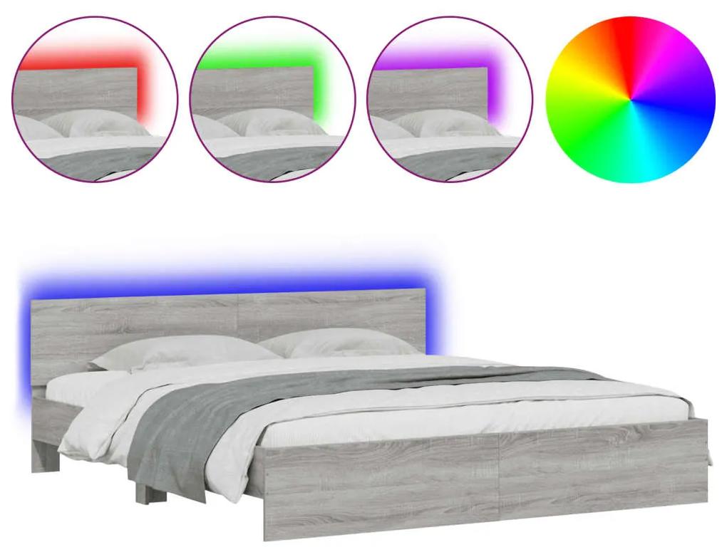 vidaXL Rám postele s čelem a LED osvětlením šedý sonoma 180 x 200 cm