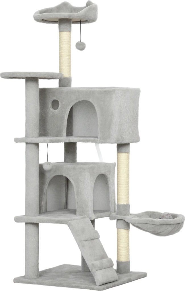 PawHut Kočičí škrabadlo 140 cm, strom pro kočky, pelíšky, hamaka, sisalové sloupky, více úrovní, světle šedé