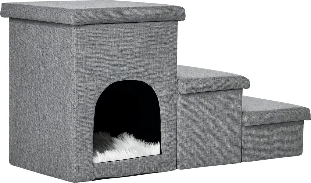 PawHut Psí Schody 3 Kroků Výška 40,5 cm Štěrbinové Schody s Úložným Prostorem a Polštářem pro Kočky pro Malé Psy Psí Rampy s Pratelným Povlakem pro Po