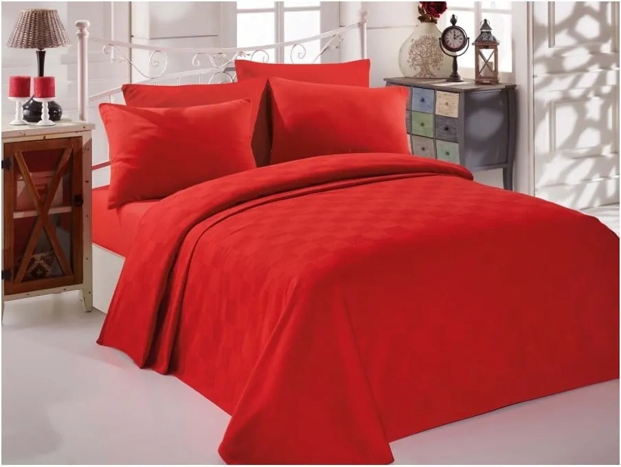 Červený bavlněný přehoz přes postel na dvoulůžko Single Pique Rojo, 200 x 234 cm
