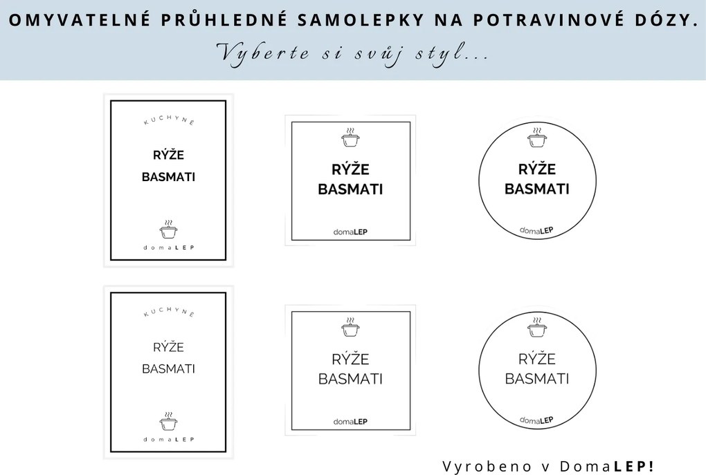RÝŽE BASMATI - omyvatelná samolepka na dózu, výběr rozměrů Ø 5 cm / 5 x 5 cm / 6 x 8 cm | DomaLEP tvar: KOLEČKO, barva: PRŮHLEDNÁ - ČERNÉ písmo, velikost: Ø 5 cm - základní písmo