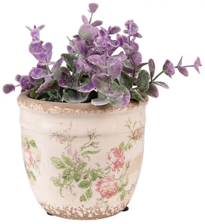 Béžový keramický obal na květináč s odřením a růžovými růžemi Roses V – 12x11 cm