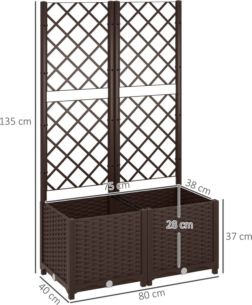 Outsunny Velký venkovní květináč s mřížkou a drenážními otvory pro popínavé rostliny, stojan pro zahradu, terasu 80x40x135 cm Hnědý