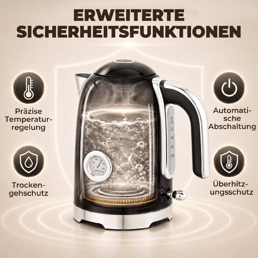 HOMCOM Sada konvice a toustovače s teploměrem, 1,7 l, 2200 W konvice, dvouštěrbinový toustovač se 7 stupni opečení