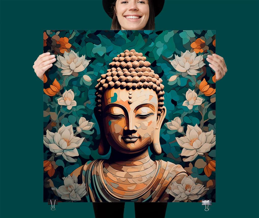 Plakát - Buddhova hlava a pozadí s květy FeelHappy.cz Velikost plakátu: 80 x 80 cm