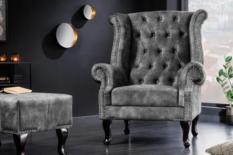 Ušák Chesterfield šedý sametový starožitný vzhled/ 43520