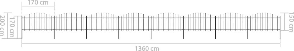 vidaXL Zahradní plot s hroty ocel (1,25–1,5) x 13,6 m černý [277737]