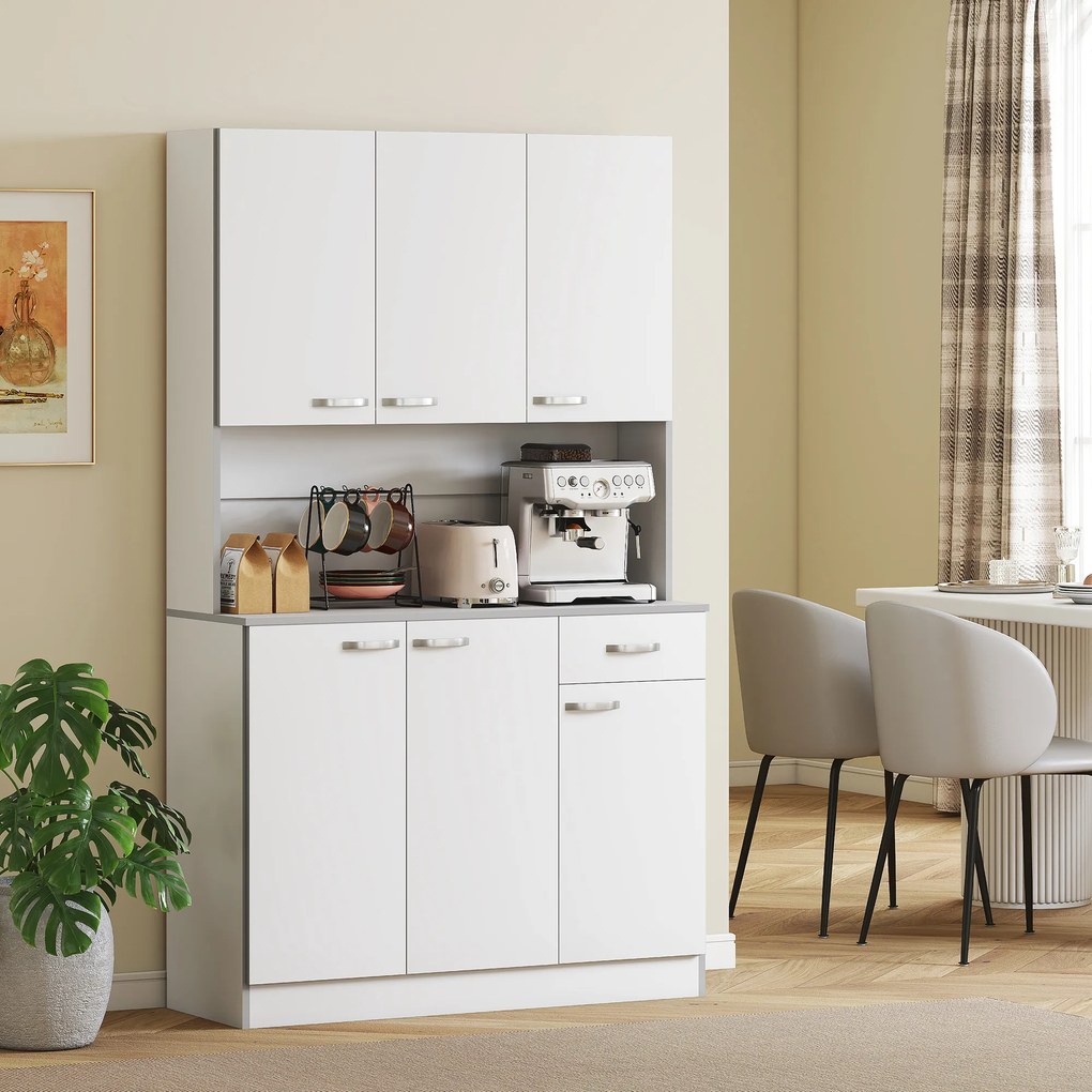 HOMCOM Moderní kuchyňský bufetový kabinet s vícero úložnými prostory, 6 dveří, 1 šuplík + velká pracovní deska, rozměry 101L x 39W x 180H cm v bílé a…
